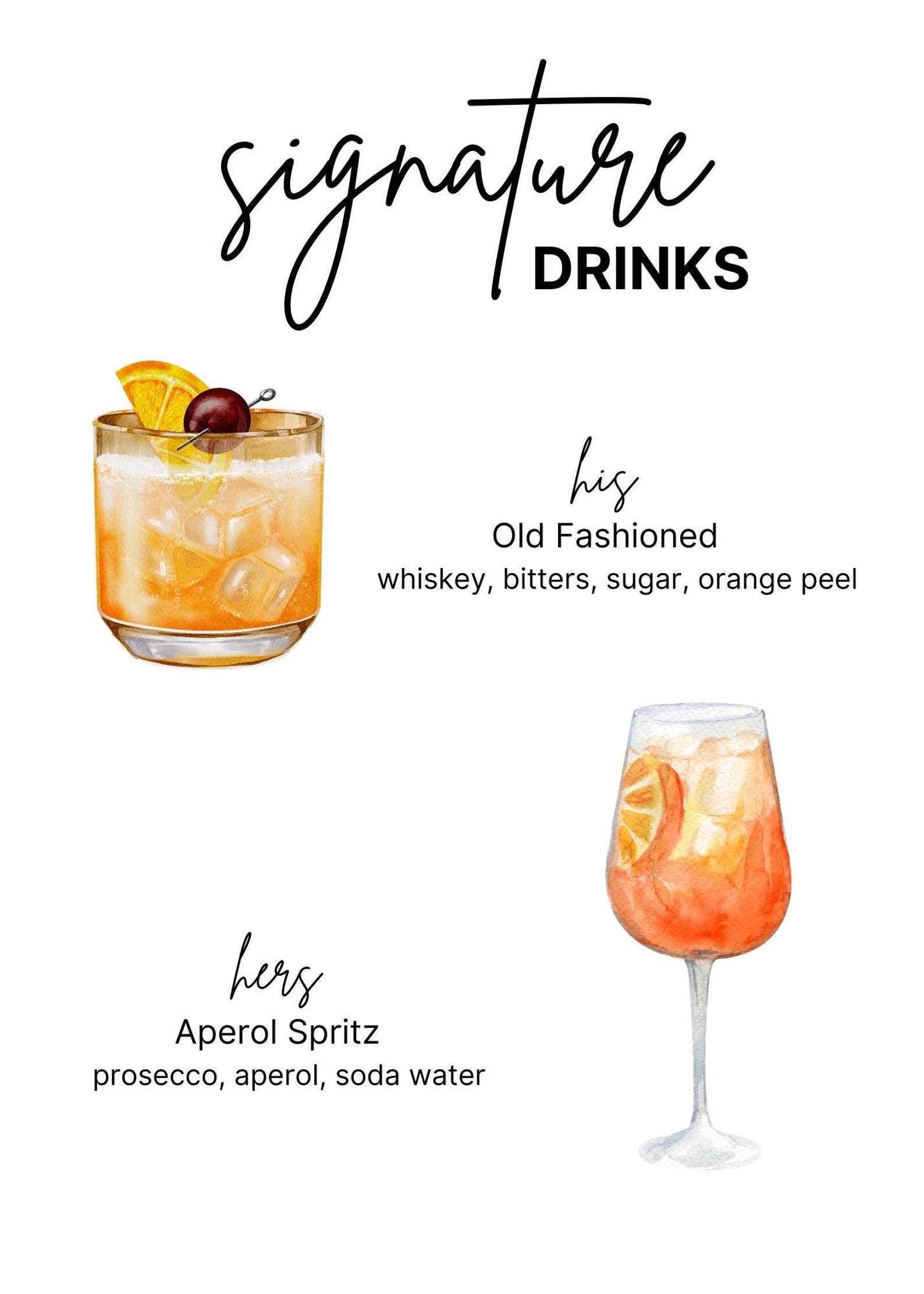 Signature Drinks Wedding Sign Template Old Fashioned/aperol Spritz - Etsy