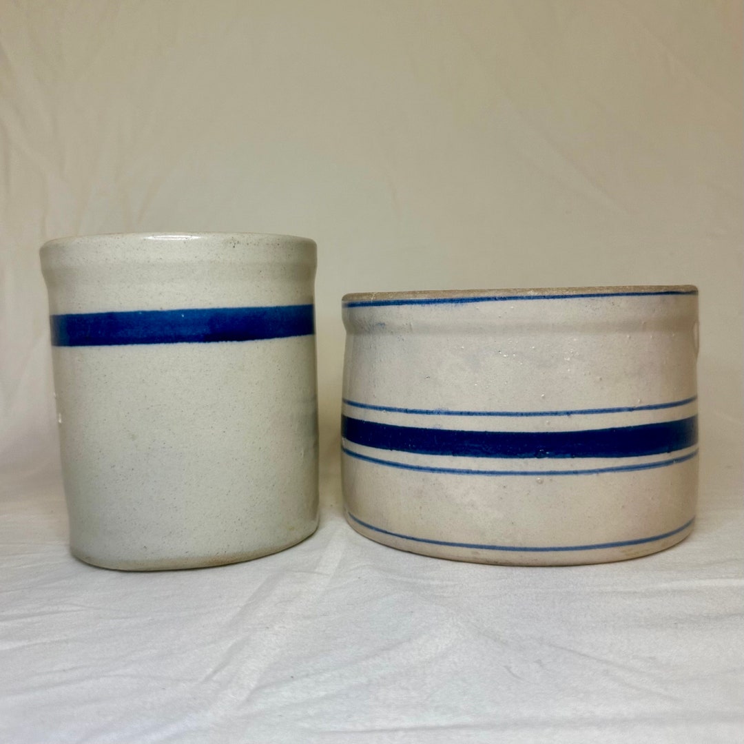Vintage Stoneware Crocks/small Cream & Blue Stoneware Crocks - Etsy