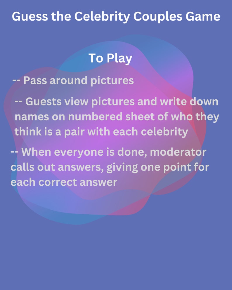 Guess the Celebrity Couple--instant Digital Download - Etsy