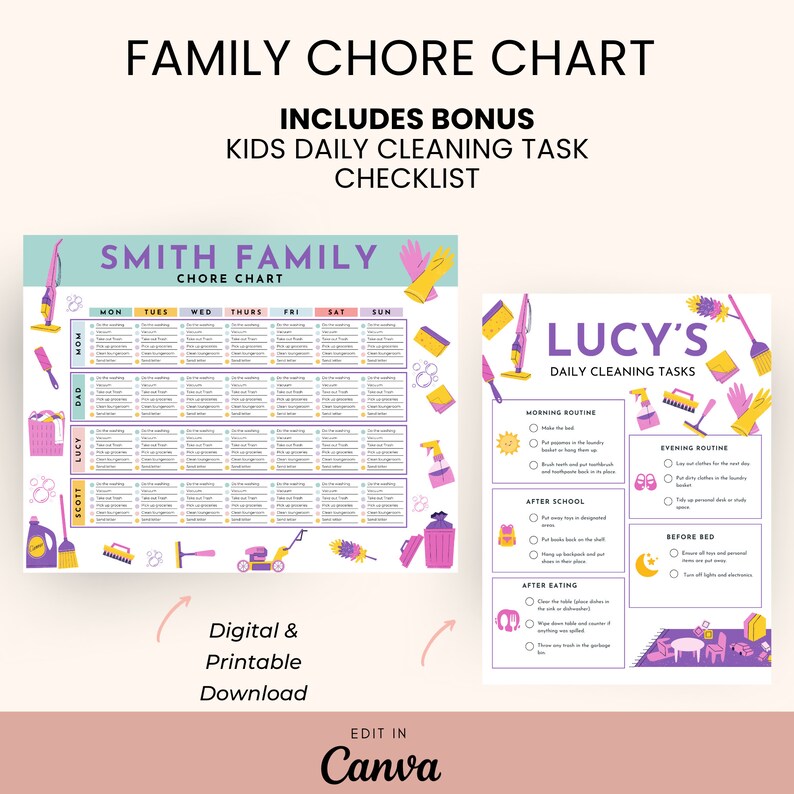Family Chore Chart | Household Planner Printable | Responsibility Chart ...
