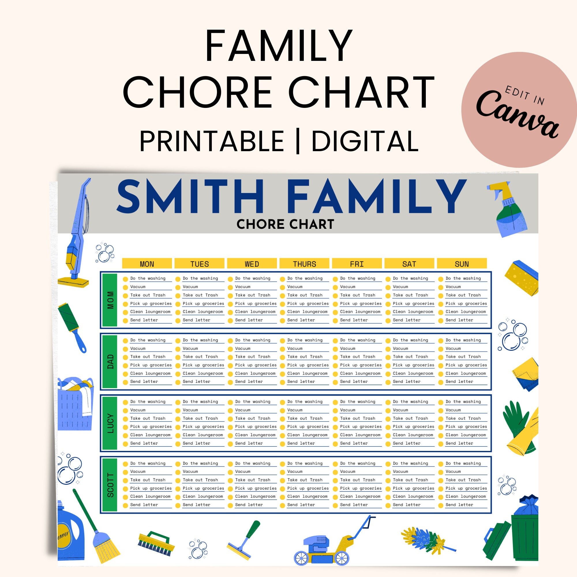 Family Chore Chart | Household Planner Printable | Responsibility Chart ...