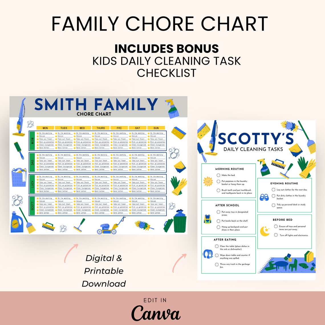 Family Chore Chart | Household Planner Printable | Responsibility Chart ...