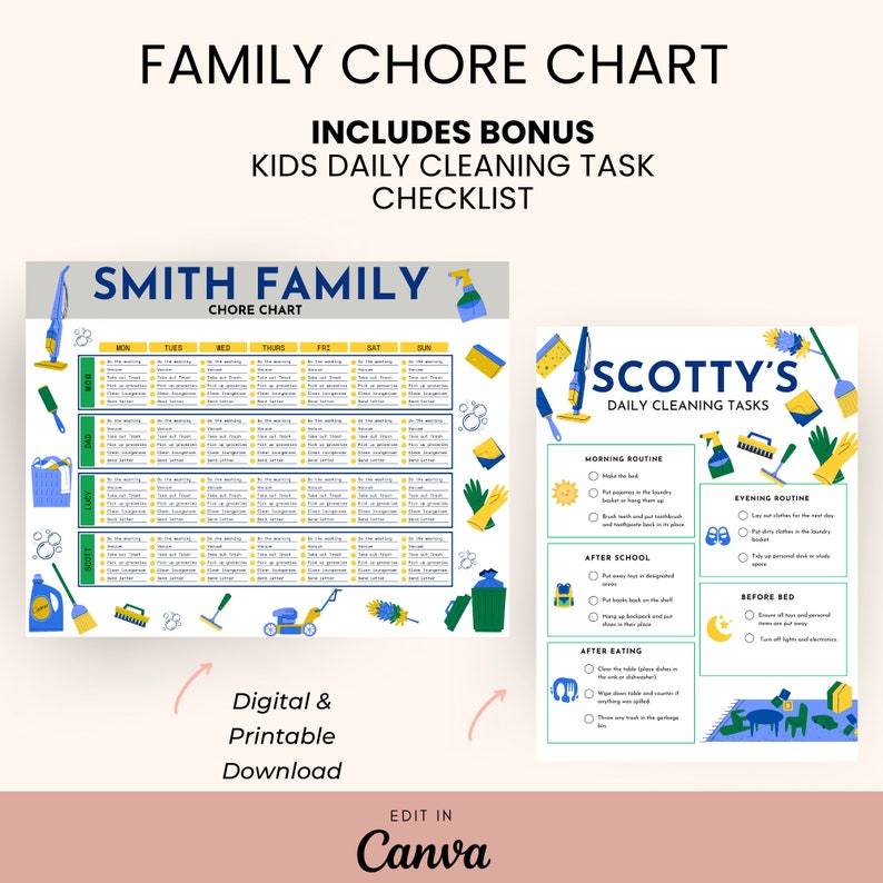 Family Chore Chart | Household Planner Printable | Responsibility Chart ...
