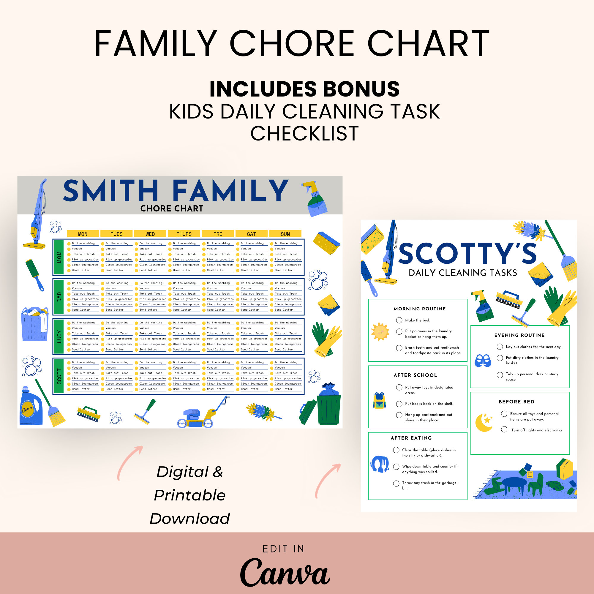 Family Chore Chart | Household Planner Printable | Responsibility Chart ...