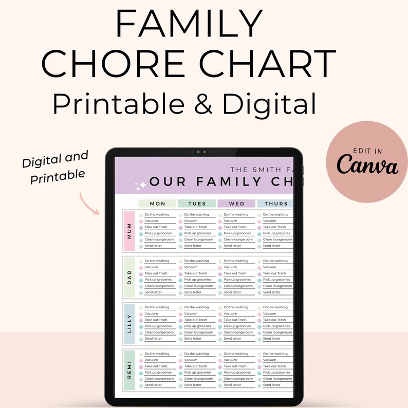 Family Chore Chart | Household Planner Printable | Responsibility Chart ...