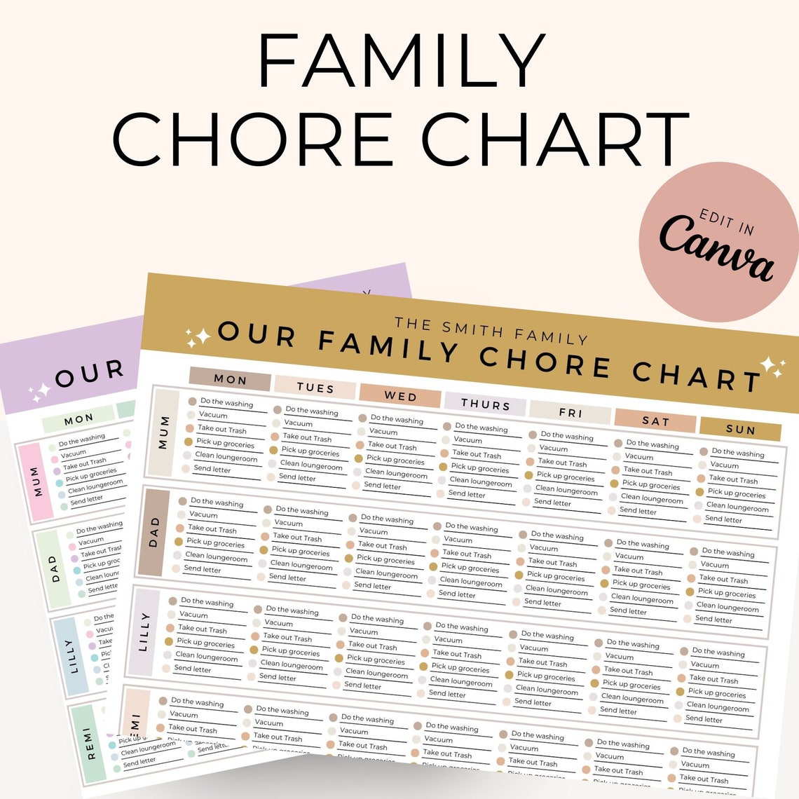 Family Chore Chart | Household Planner Printable | Responsibility Chart ...