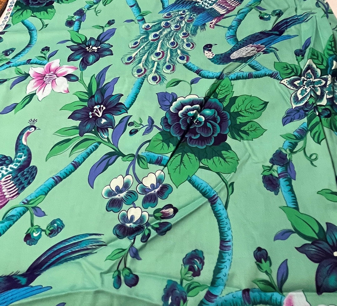 Teal Peacock and Floral Cotton Fabric - Etsy