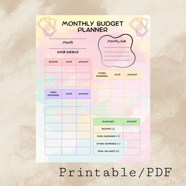 Monthly Budget Planner Printable, Instant Download Watercolor - Etsy