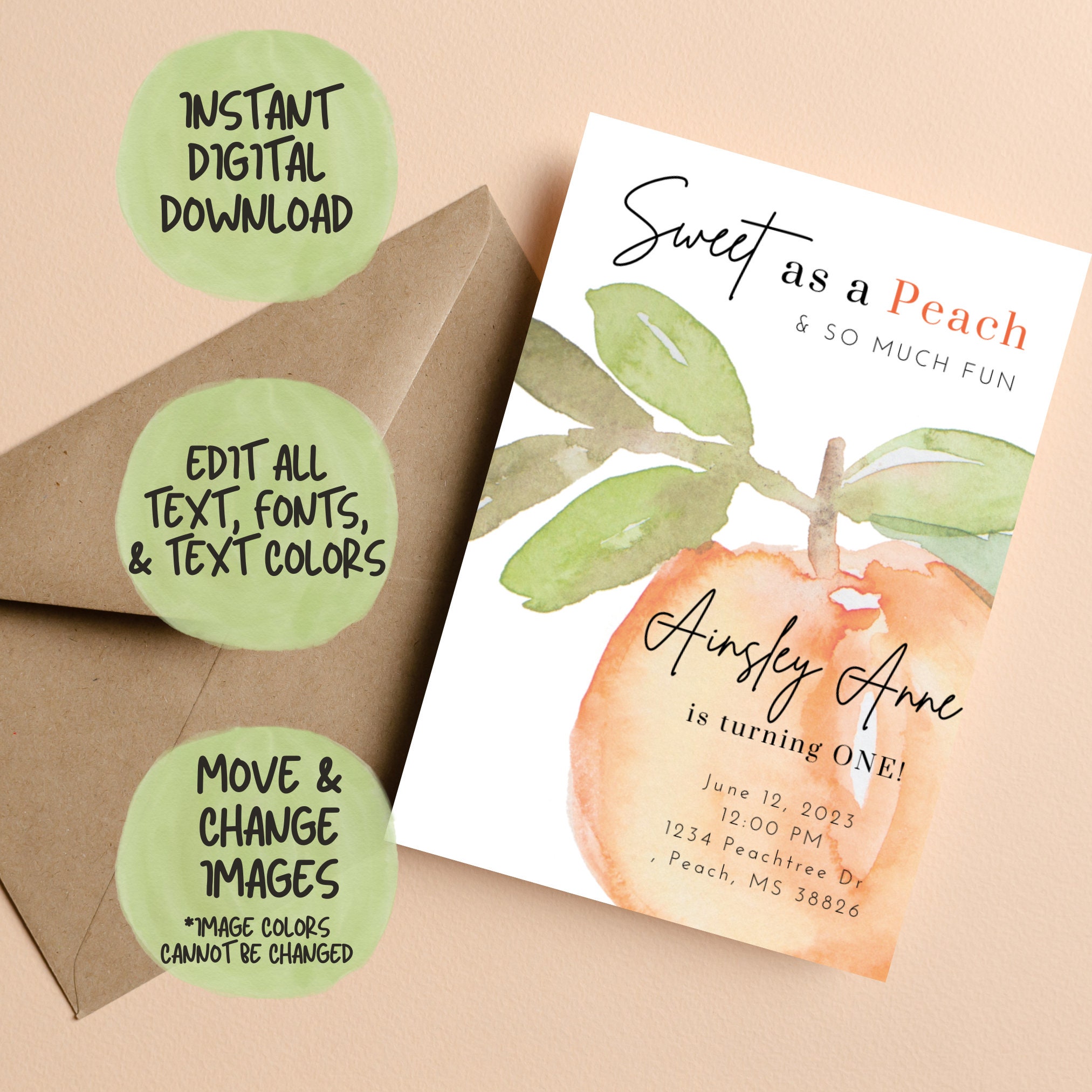 Sweet as a Peach Birthday Invitation Printable First Birthday Editable ...