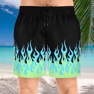 Blue Green Hot Rod Flame Swim Trunks, Men's Fire Print Swimsuit - Etsy