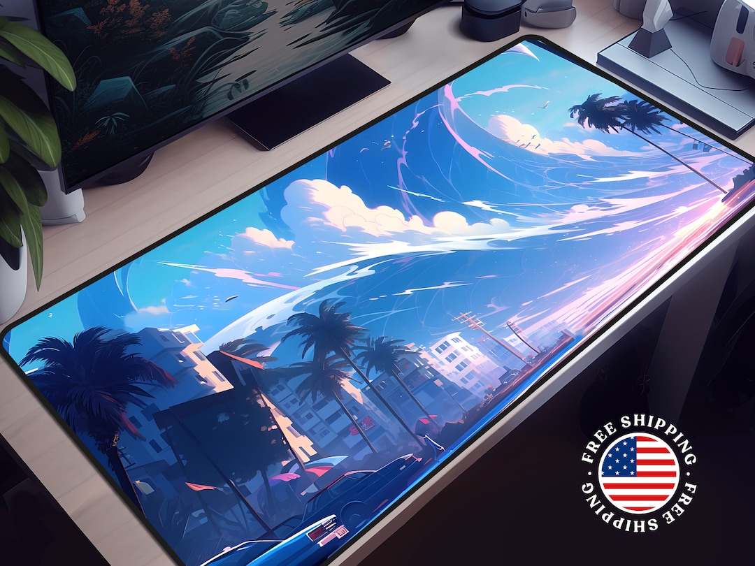 Lofi Anime Desk Mat, Lo-fi Vaporwave Desk Mat,sea Tsunami Wave Big ...