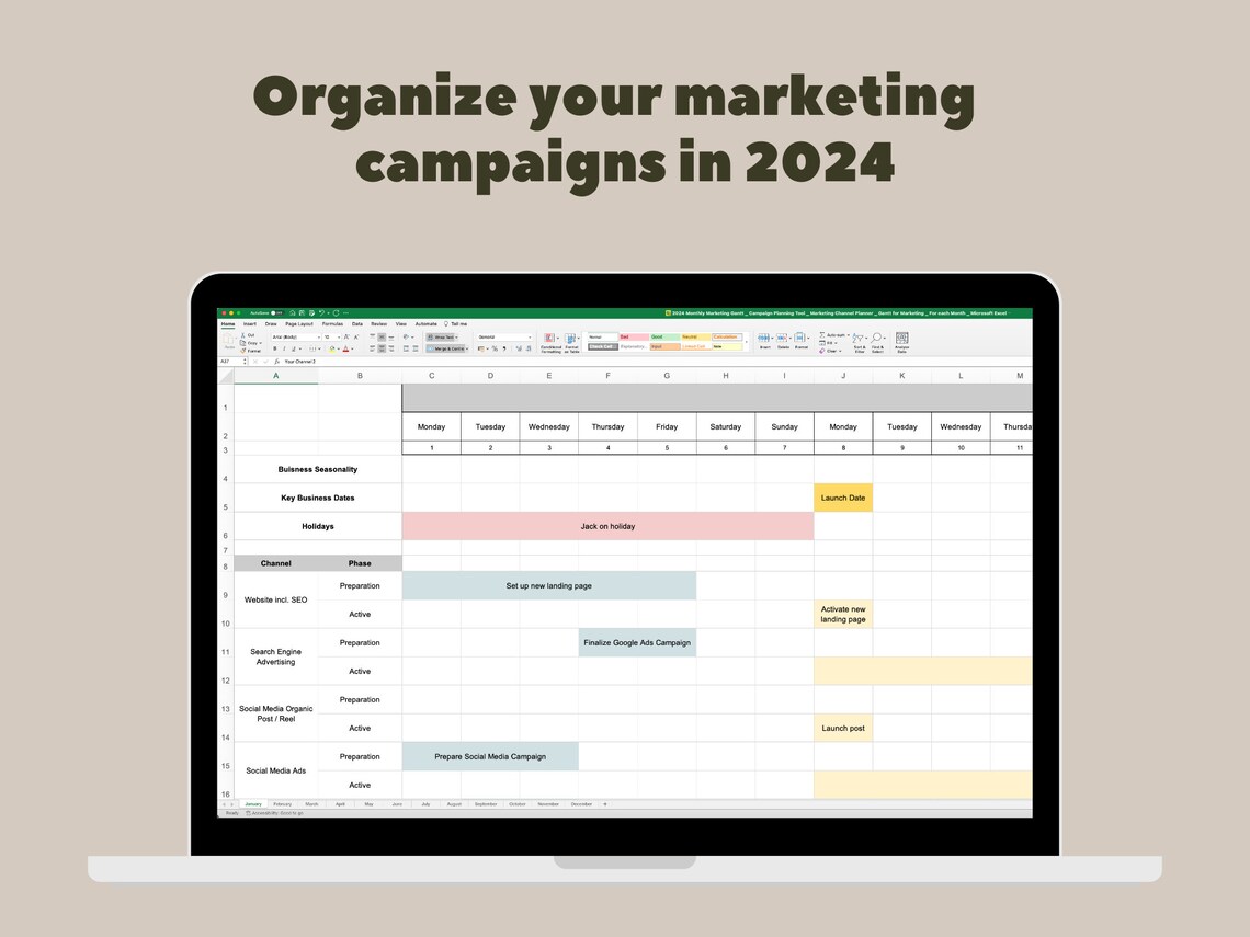 2024 Monthly Marketing Gantt Campaign Planning Tool Marketing Channel ...