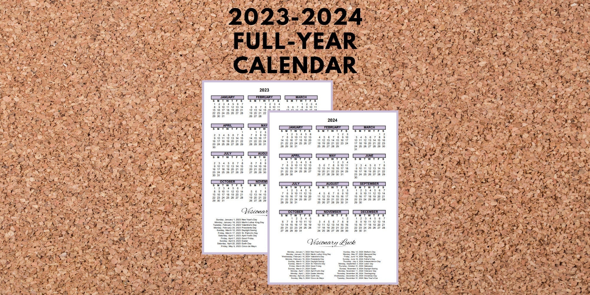 2023-2024 Full Year Calendar purple With Holidays - Etsy