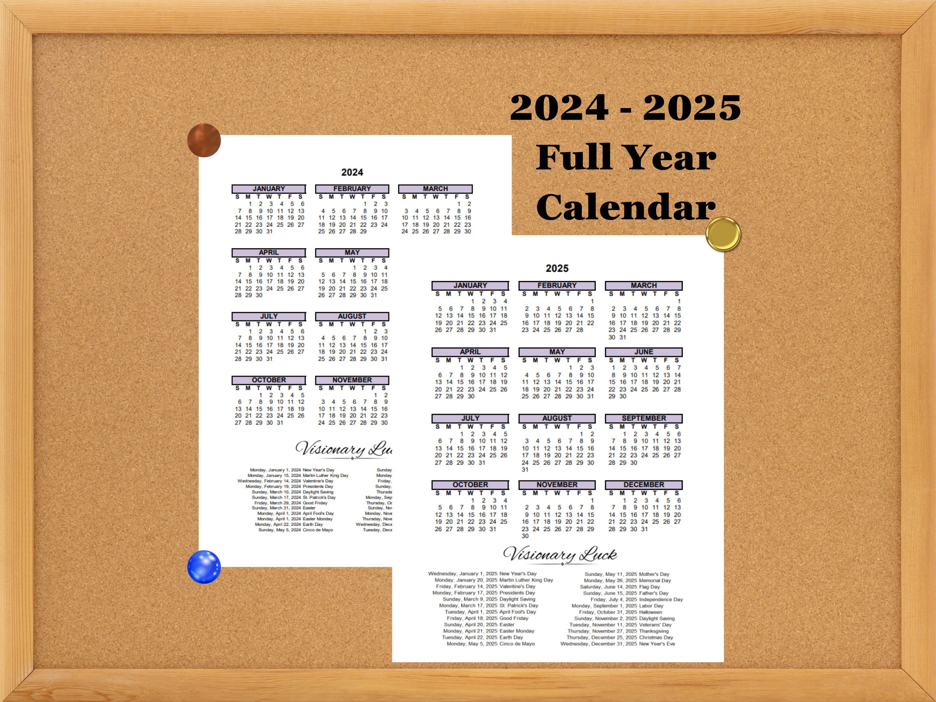 2024-2025 Full-year Calendars With Holidays purple Printable & Digital ...