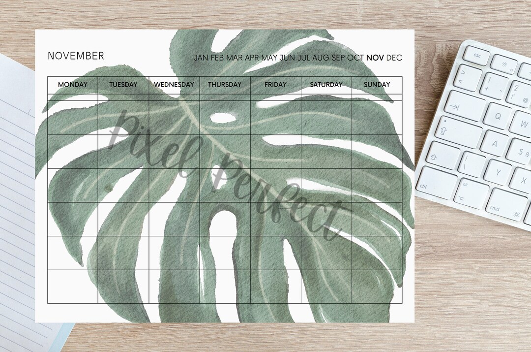 Non-dated Monstera Printable Monthly Calendar Letter A4 Printable 12 ...