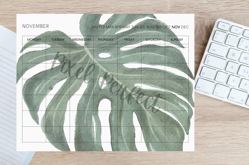 Non-dated Monstera Printable Monthly Calendar Letter A4 Printable 12 ...