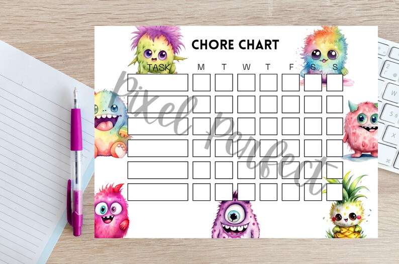 Girly Monster Chore Chart Kids Printable Chore Chart Letter and A4 - Etsy