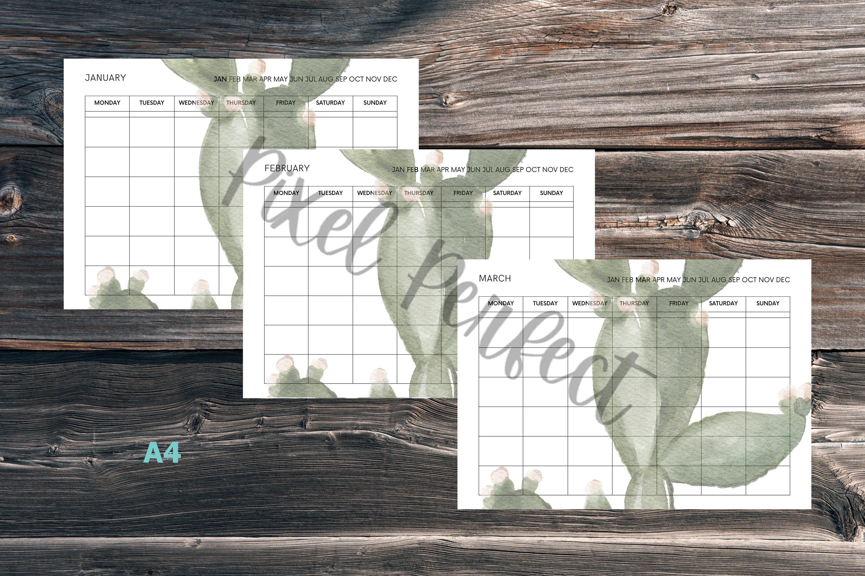 Non-dated Cacti Printable Monthly Calendar Letter A4 Printable 12 Month ...