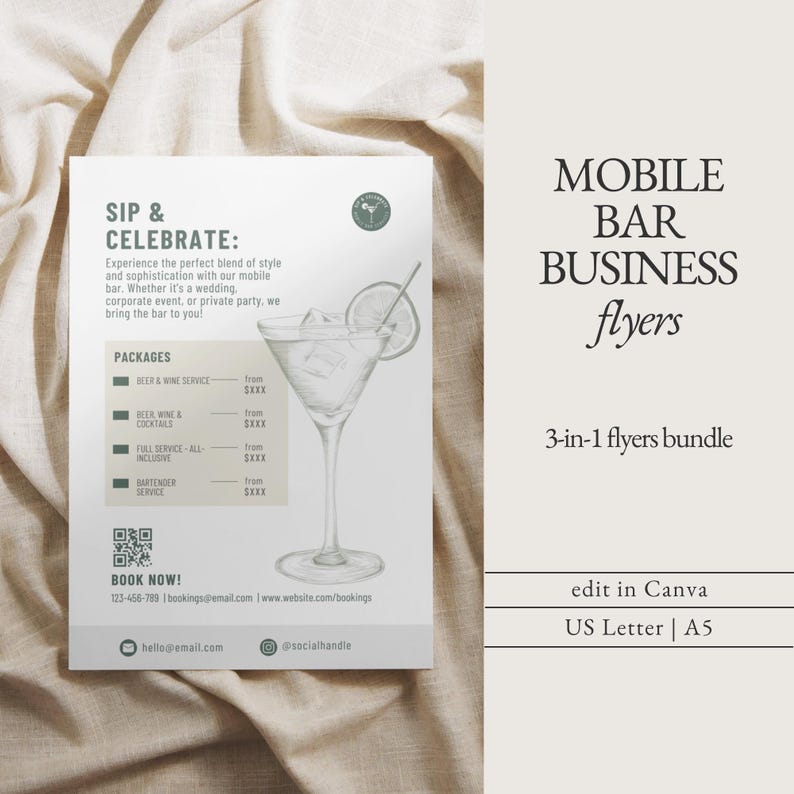 Mobile Bartender Flyer Bundle, Editable Canva Templates, Mobile ...