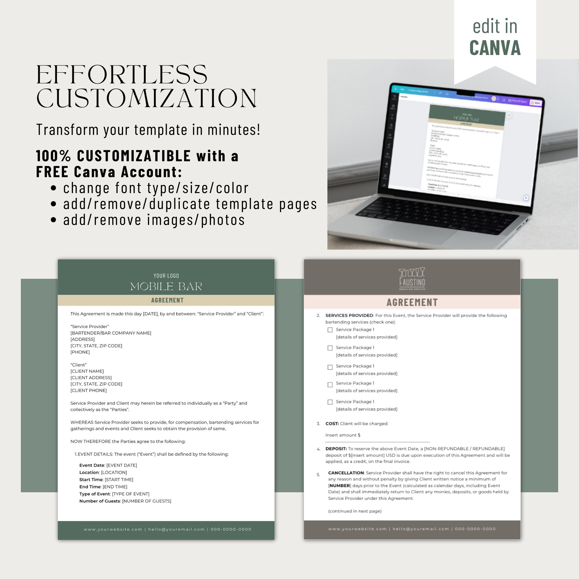 Mobile Bar Contract Template Bundle, Mobile Bartender Editable Canva ...