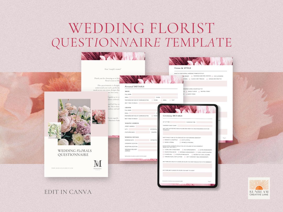 Wedding Florist Questionnaire Template, Client Intake Form, Editable ...