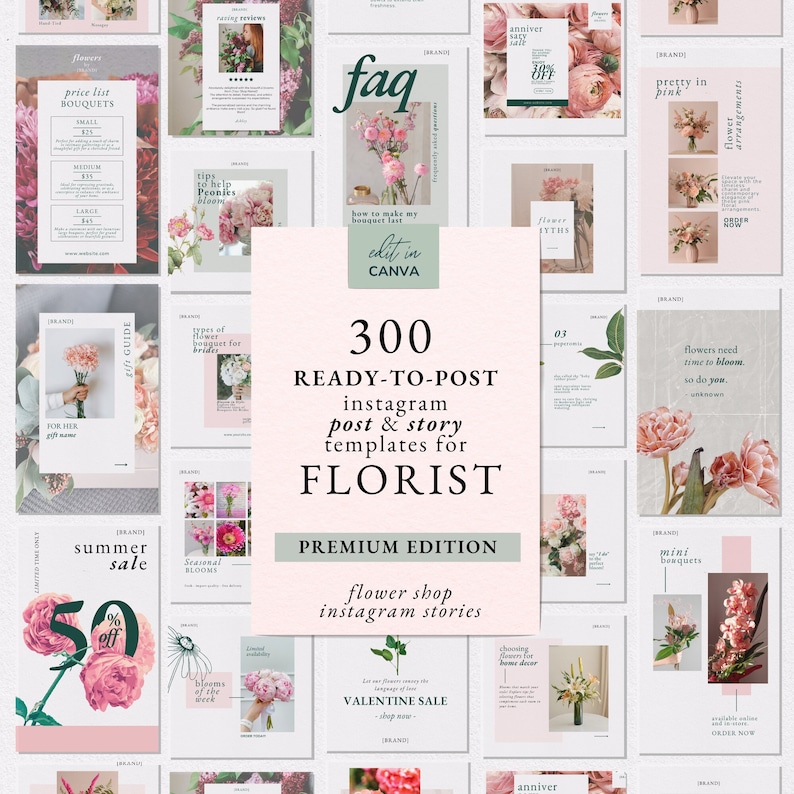 300 Flower Shop Instagram Post Template Pack, Flower Shop Social Media ...
