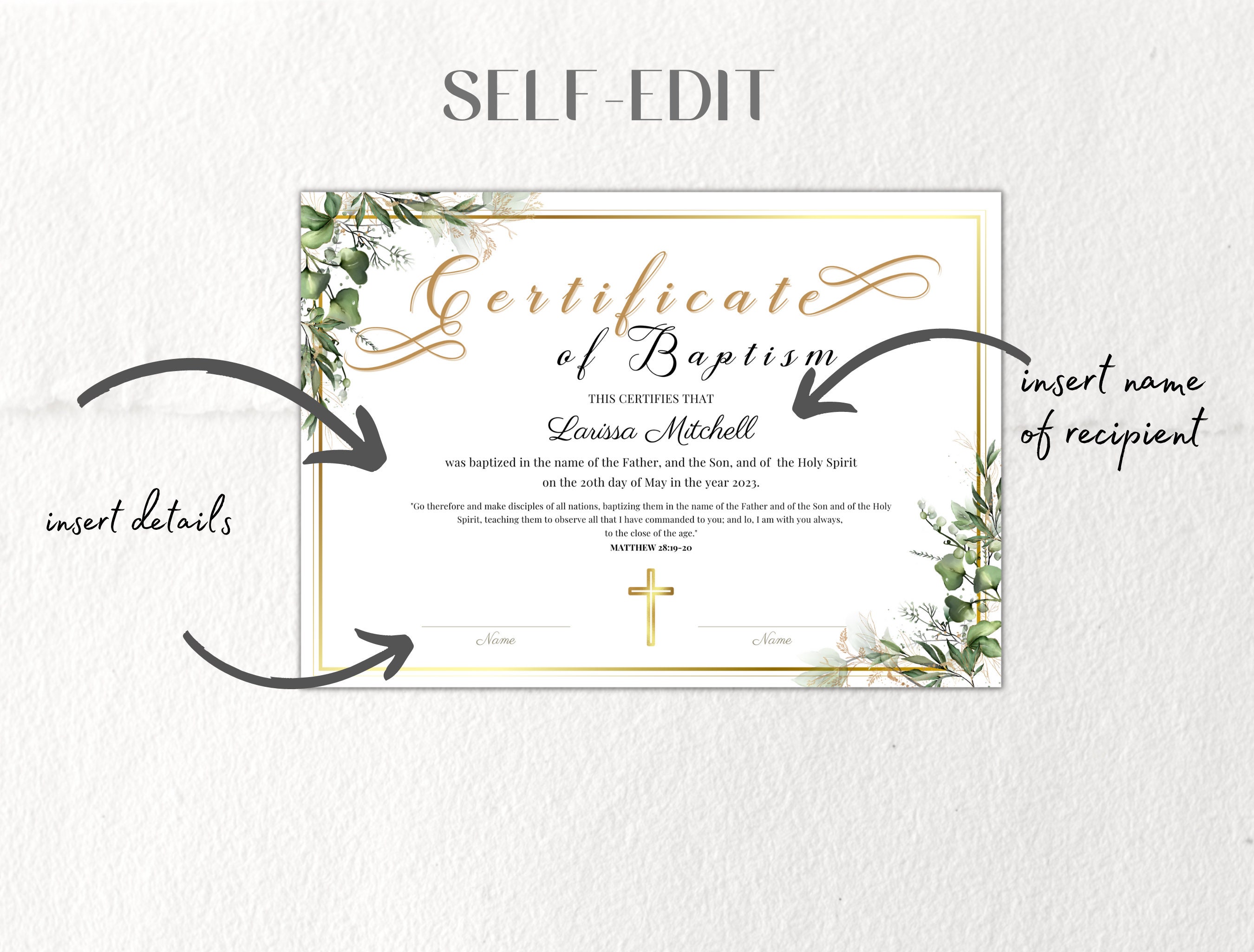 Editable Baptism Certificate Template, Certificate of Baptism Keepsake ...