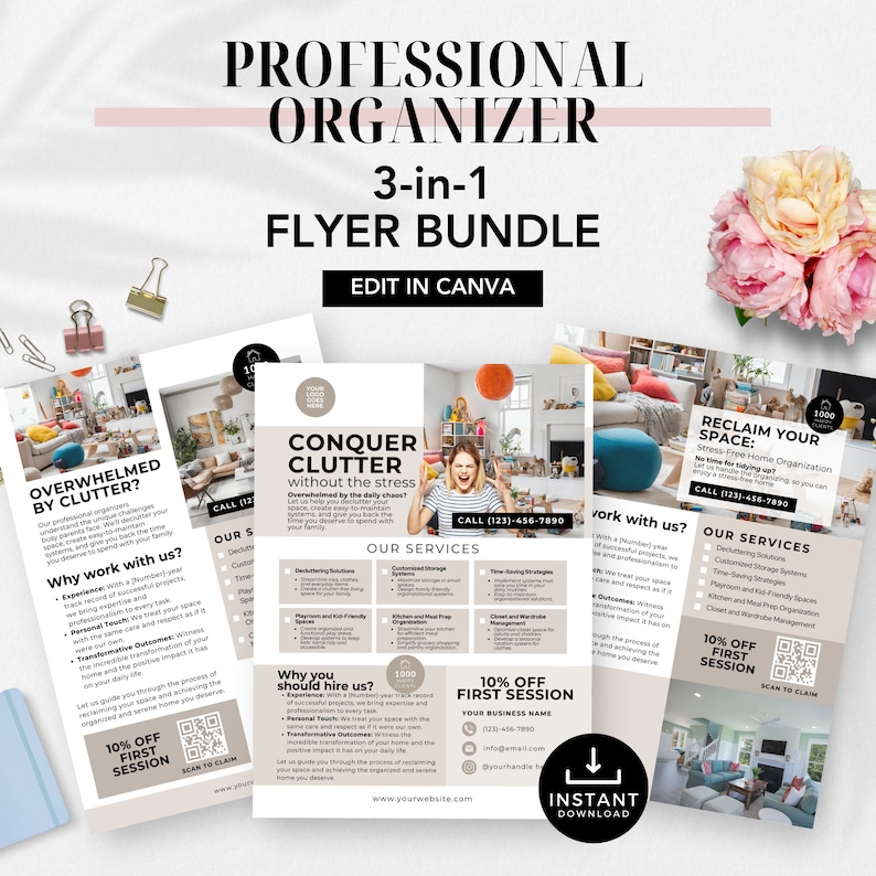 Home Organizer Flyer Bundle, Editable Canva Flyer Template, Marketing ...
