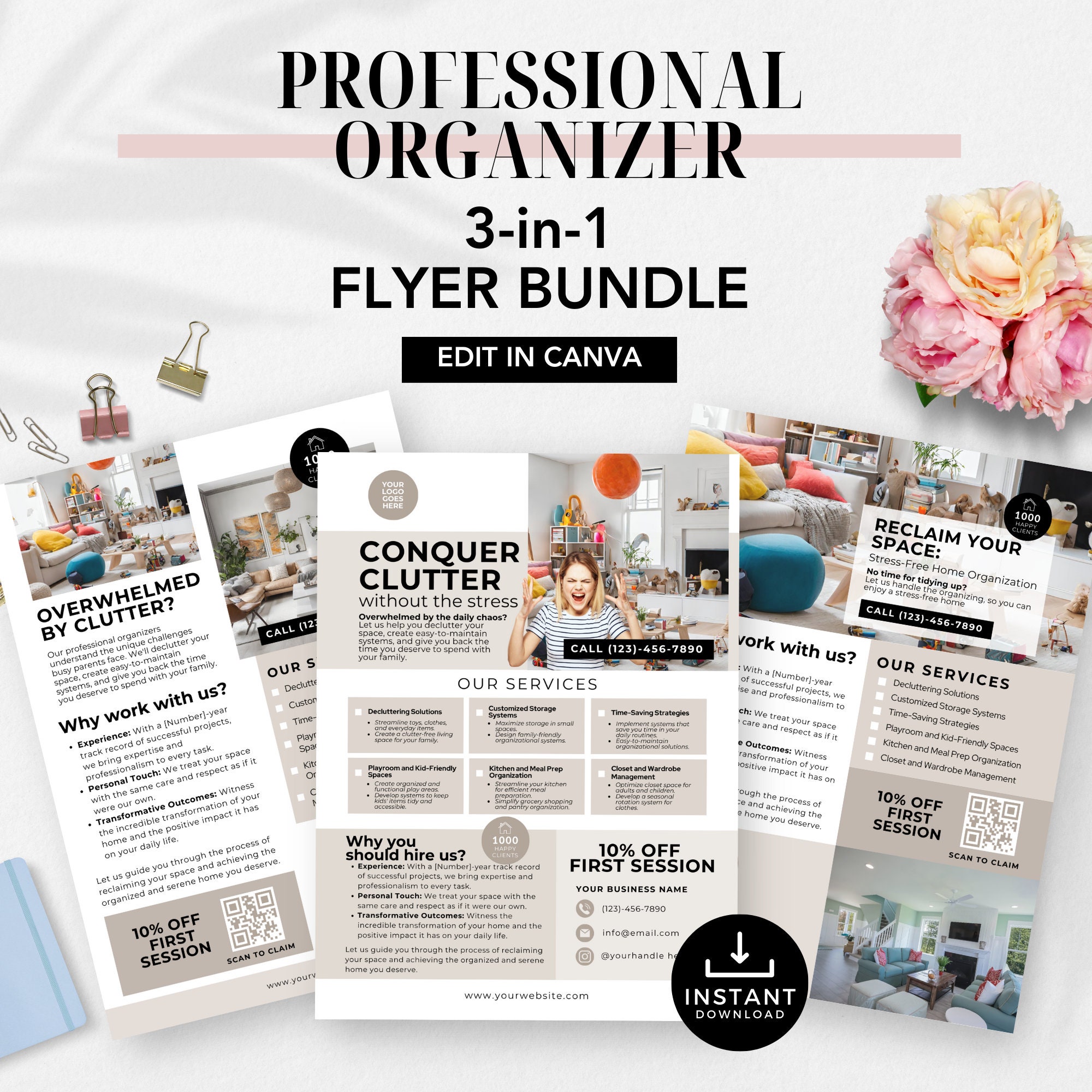 Home Organizer Flyer Bundle, Editable Canva Flyer Template, Marketing ...