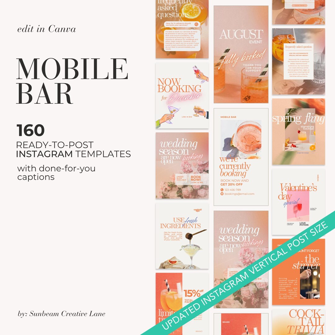 Mobile Bar Social Media Posts and Stories Templates, Editable Bartender ...