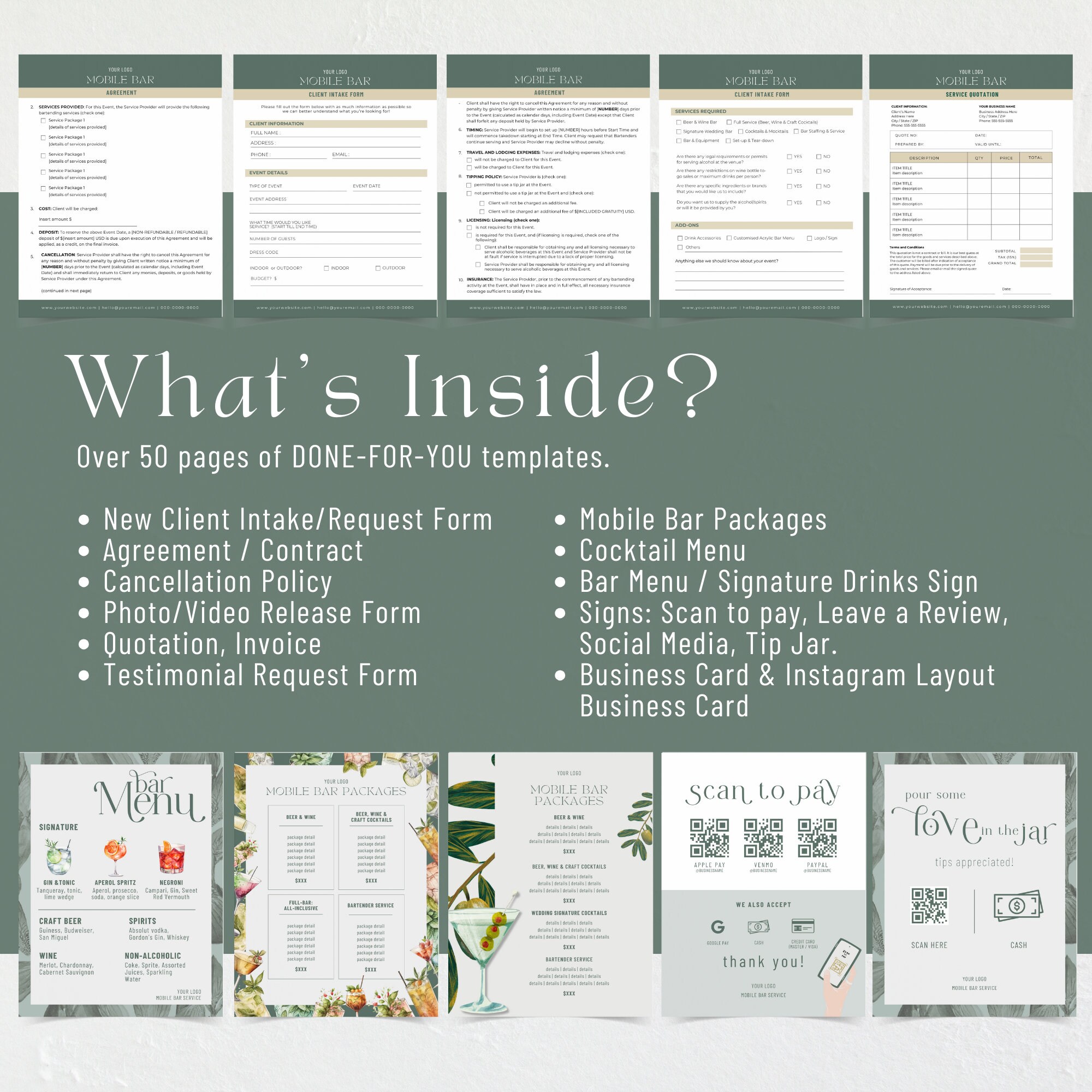 Mobile Bar Contract Template Bundle, Mobile Bartender Editable Canva ...