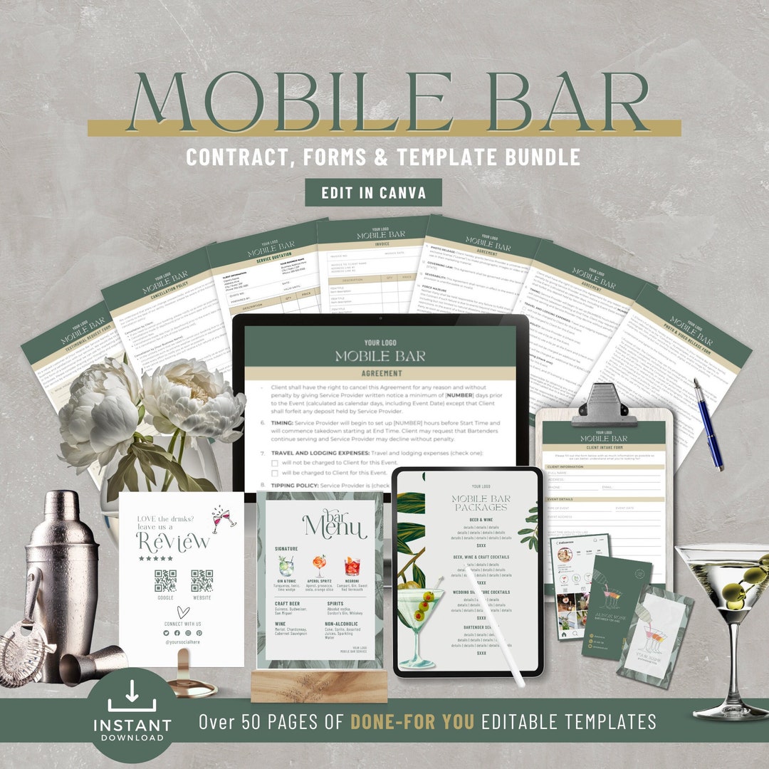 Mobile Bartending Contract Bundle With Agreement Forms, Mobile Bar ...