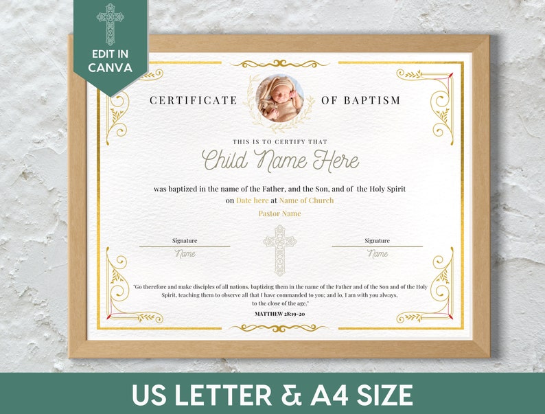 Editable Baptism Certificate Template, Gold Certificate of Baptism ...