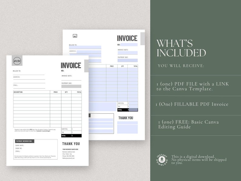 Invoice Template, Editable Canva Invoice Template, Fillable PDF and Printable Invoice for Small ...