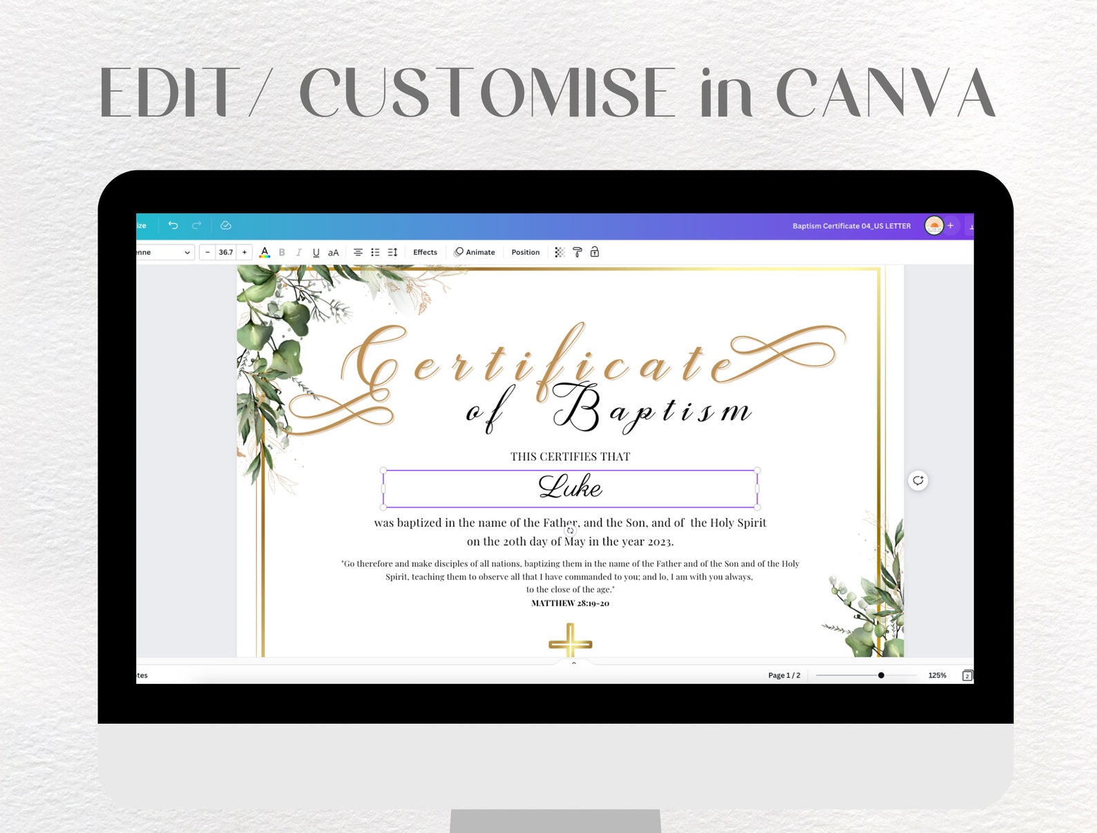 Editable Baptism Certificate Template, Certificate of Baptism Keepsake ...