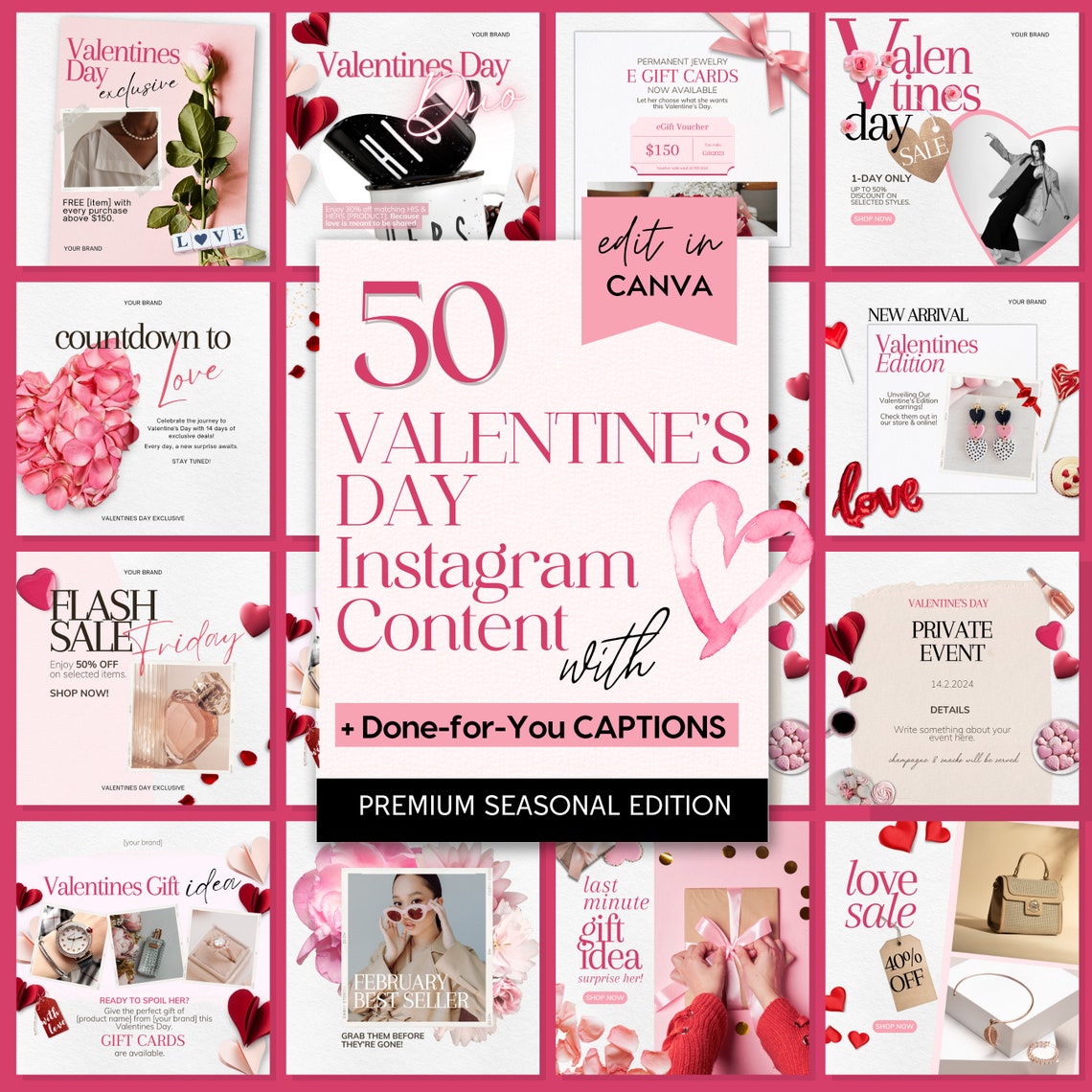 Valentines Day Instagram Posts Canva Template With Captions - Etsy