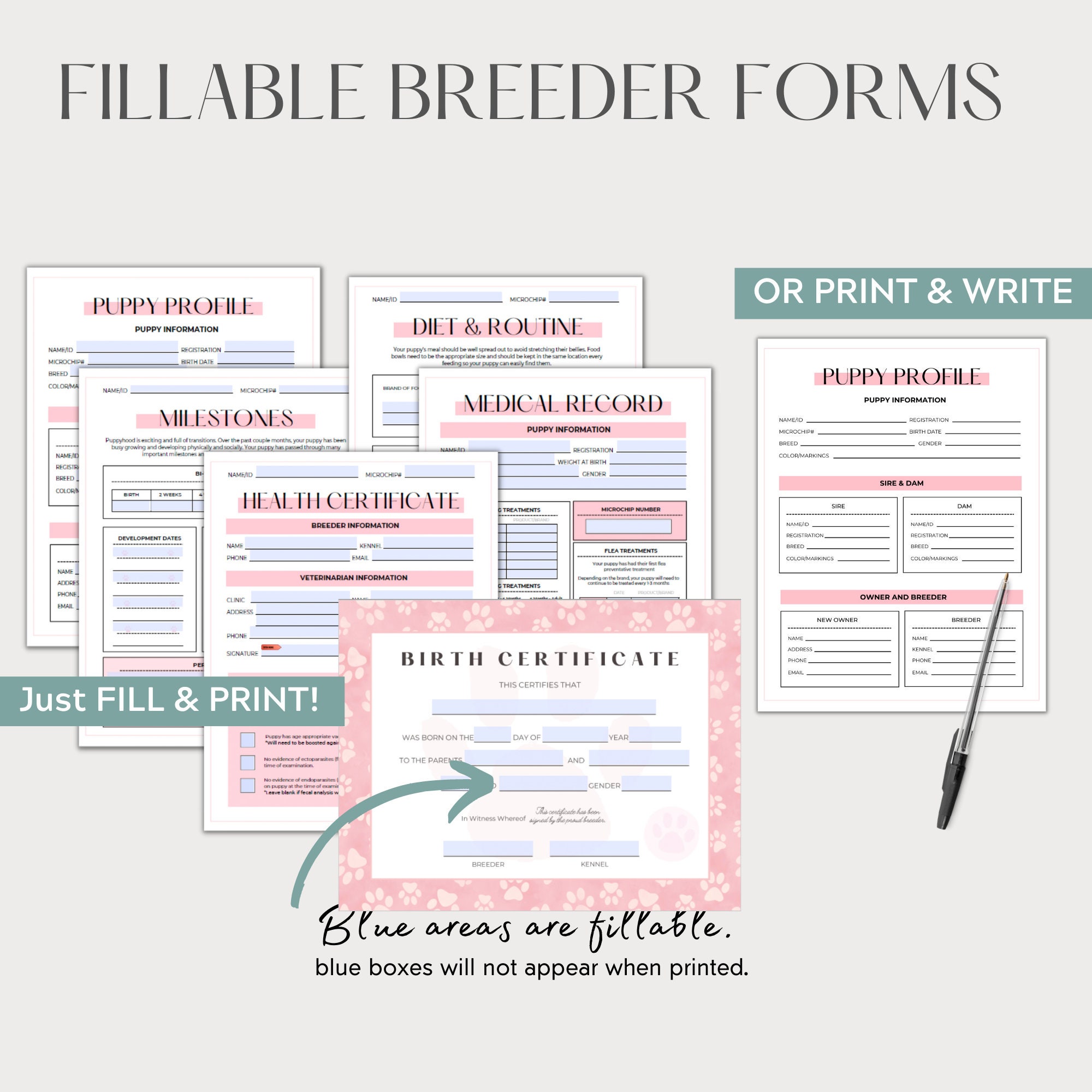 Fillable Breeder Puppy Pack With Puppy Medical Record, Puppy Profile ...