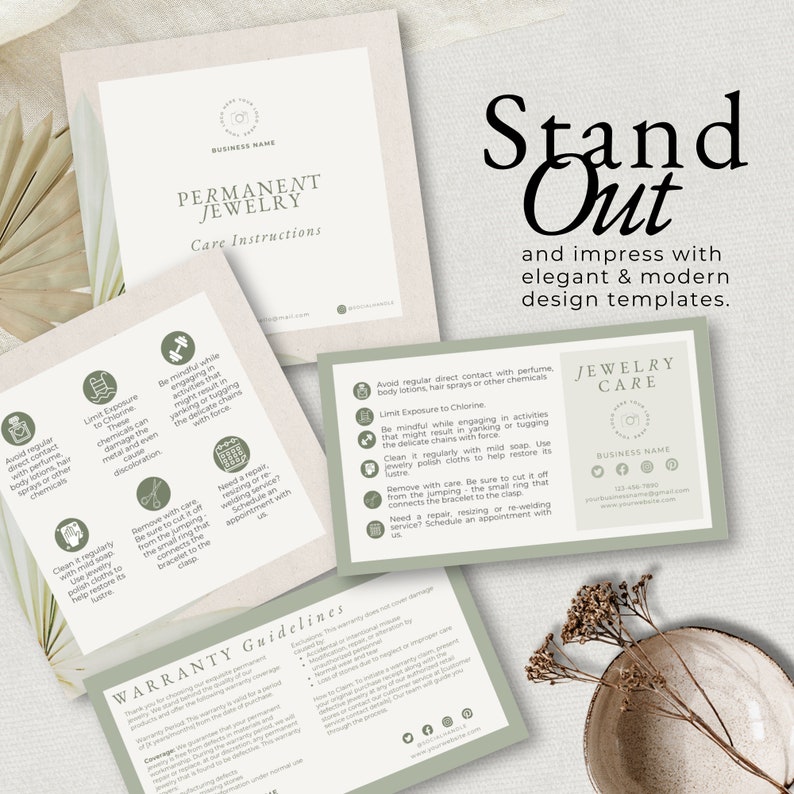BOHO Green Permanent Jewelry Care Card Template, Permanent Jewelry ...