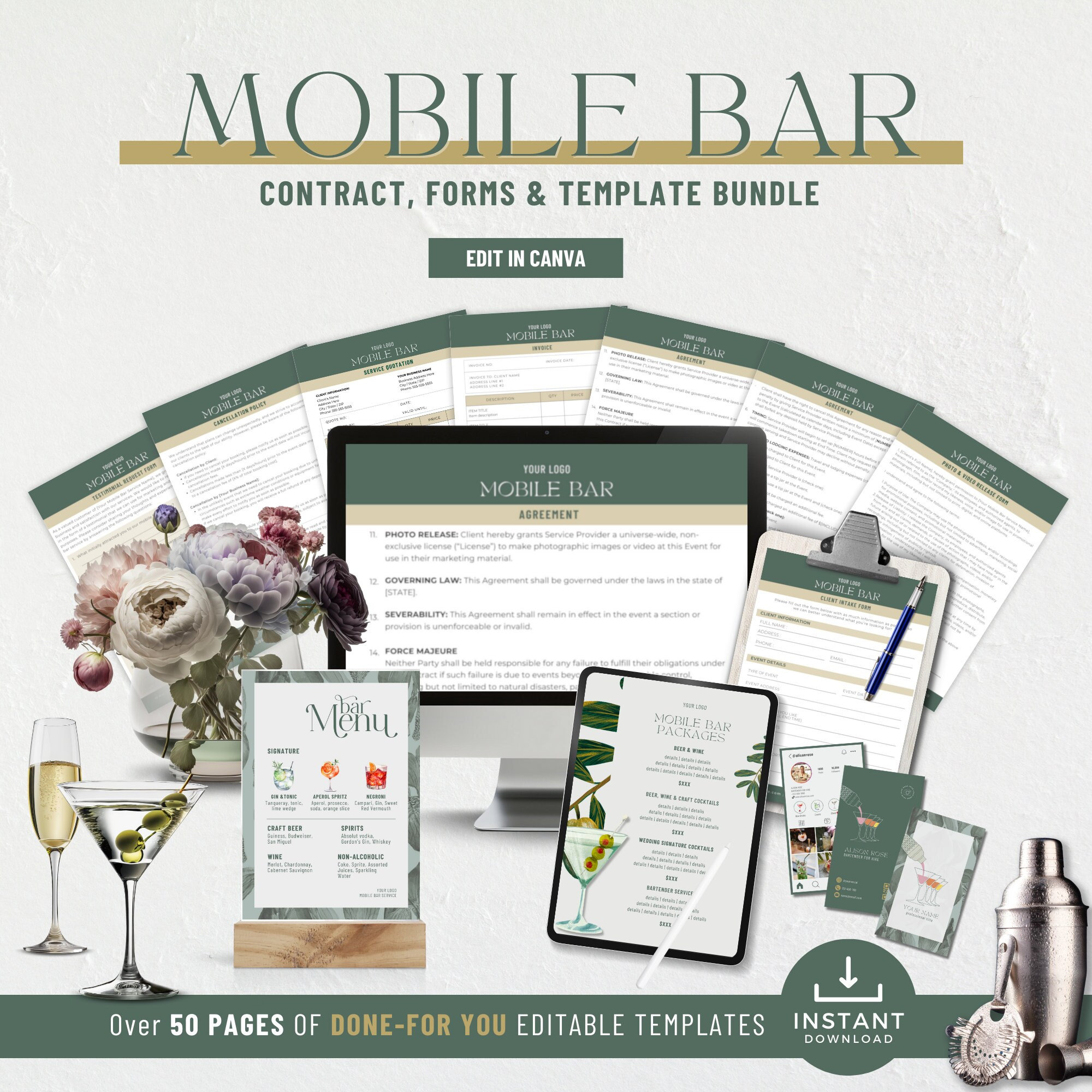 Mobile Bar Contract Template Bundle, Mobile Bartender Editable Canva ...