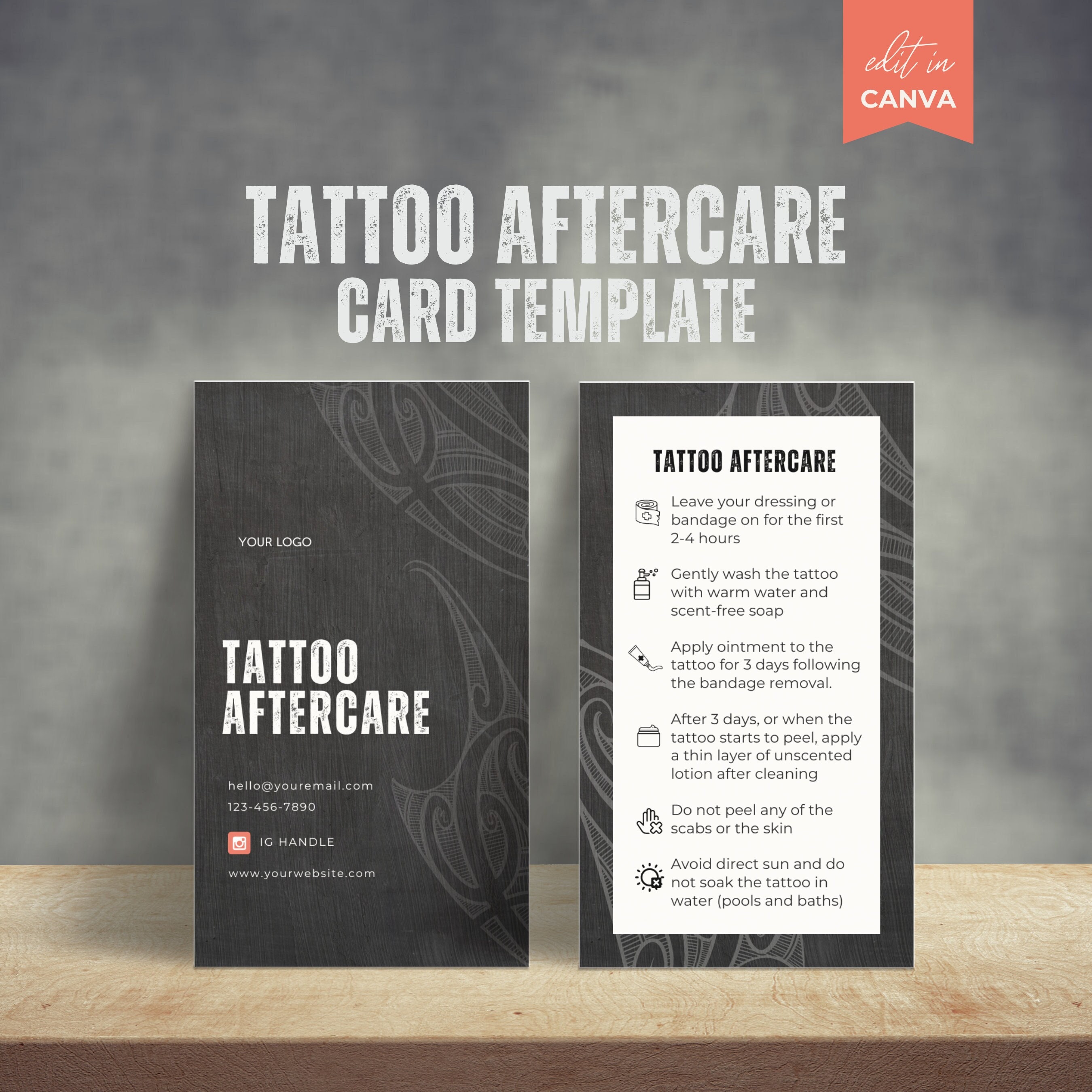 Black Tattoo Aftercare Card Template, Editable Care Card Canva Template ...