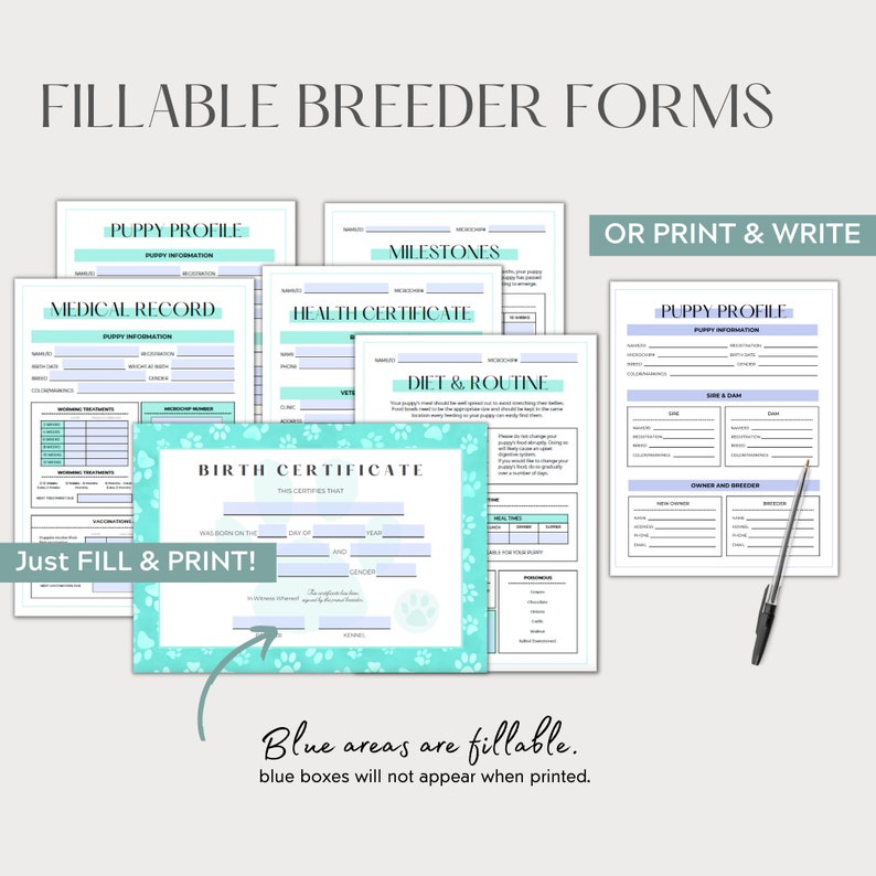 Fillable Breeder Puppy Pack With Puppy Medical Record, Puppy Profile ...