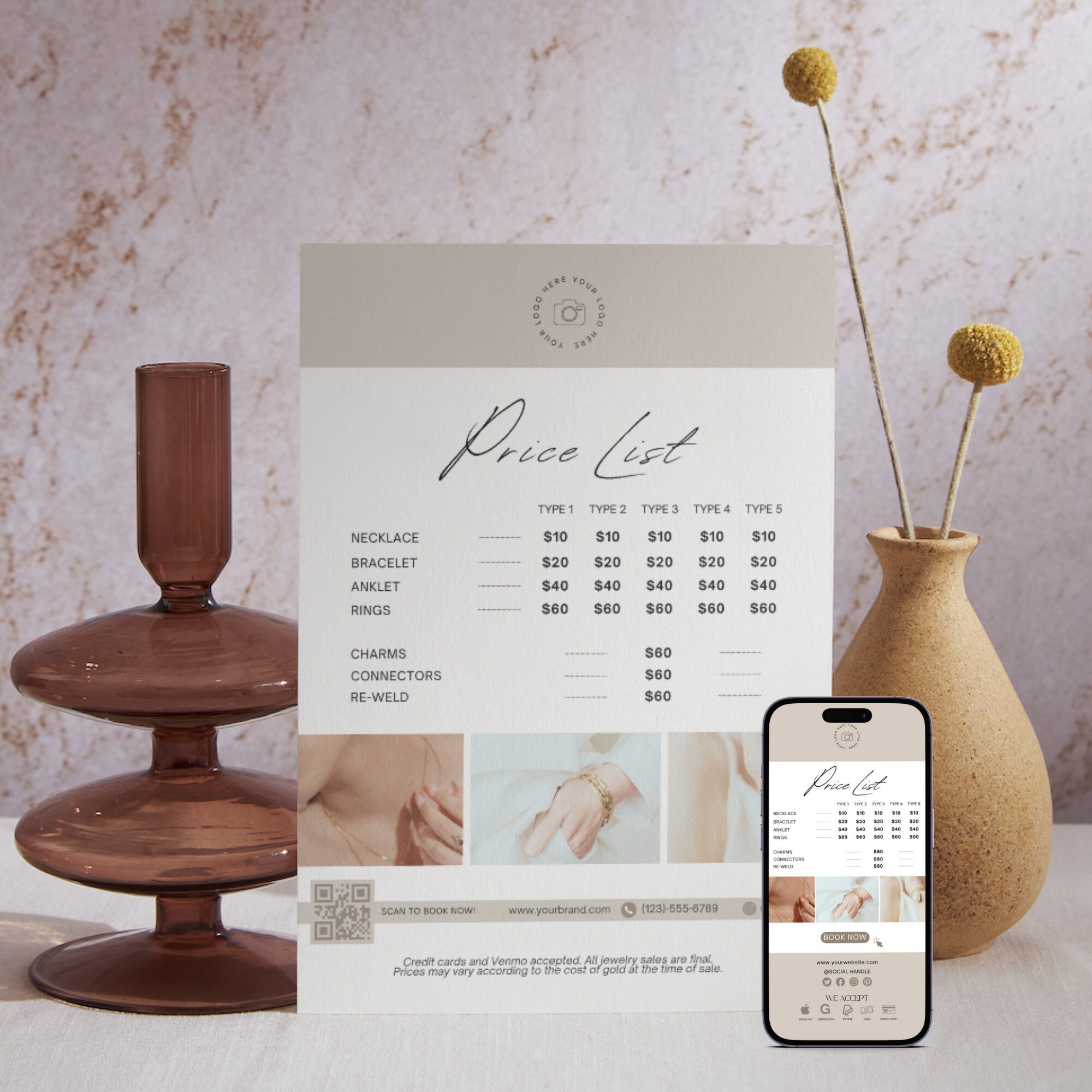 Editable Price List for Permanent Jewelry, Canva Price List Template ...