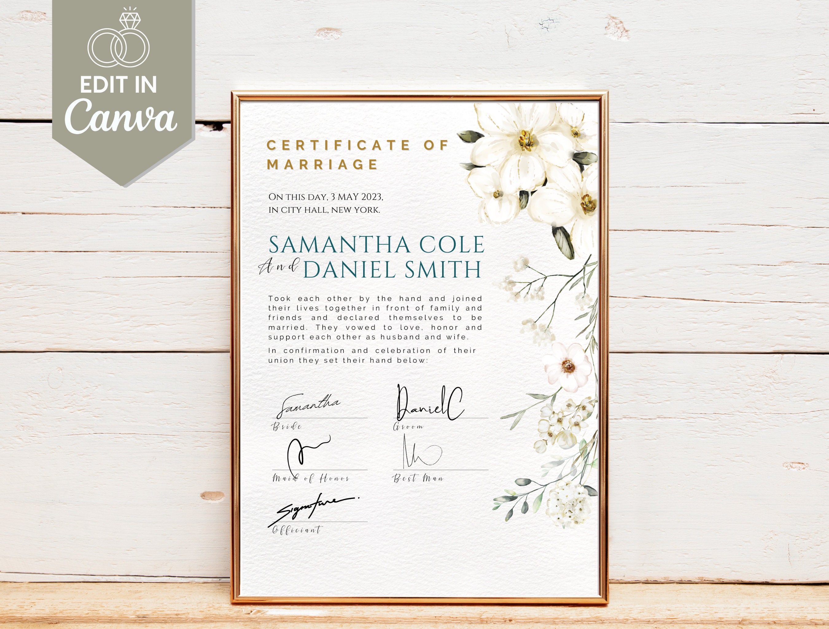 Editable Marriage Certificate Template With White Flowers - Etsy
