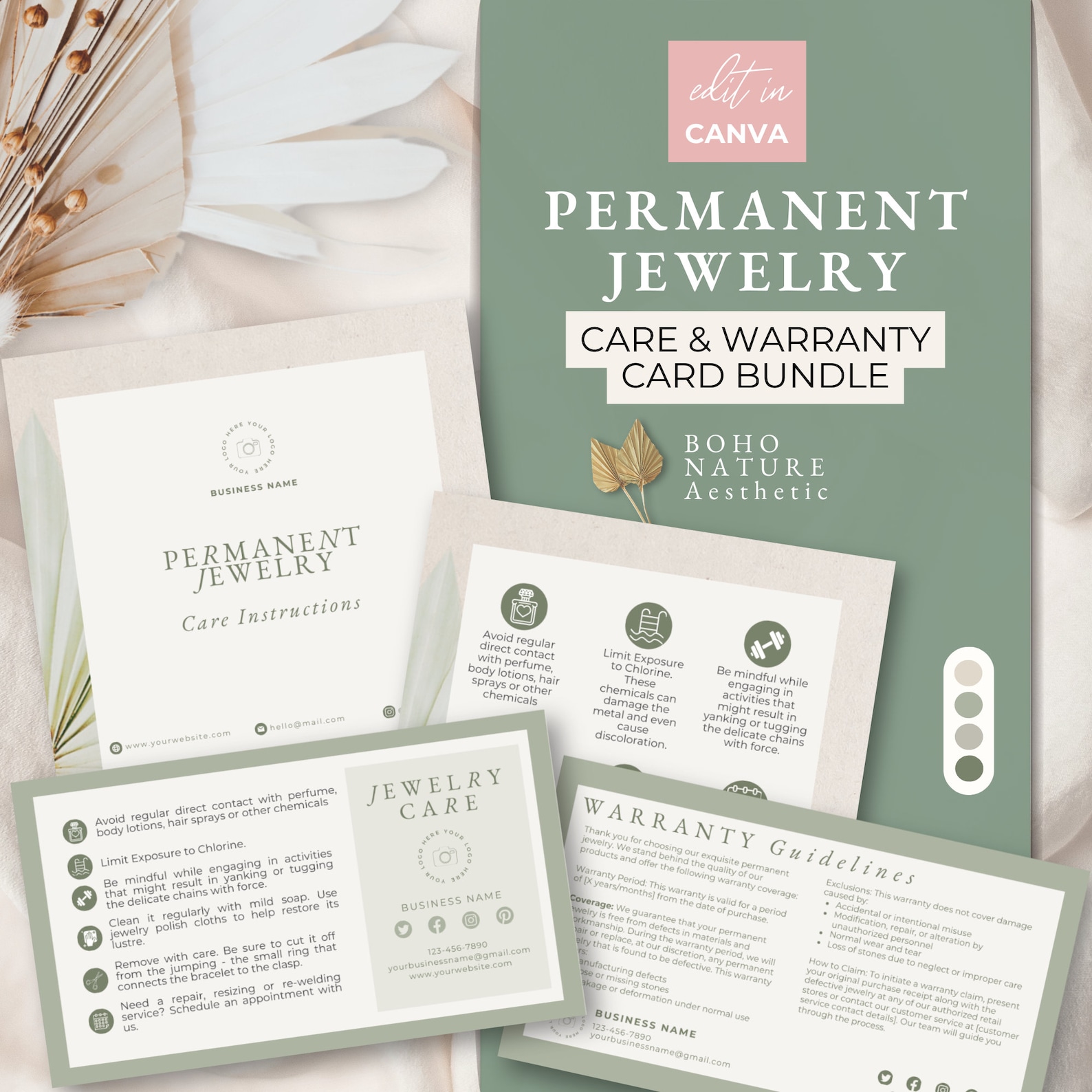 BOHO Green Permanent Jewelry Care Card Template, Permanent Jewelry ...