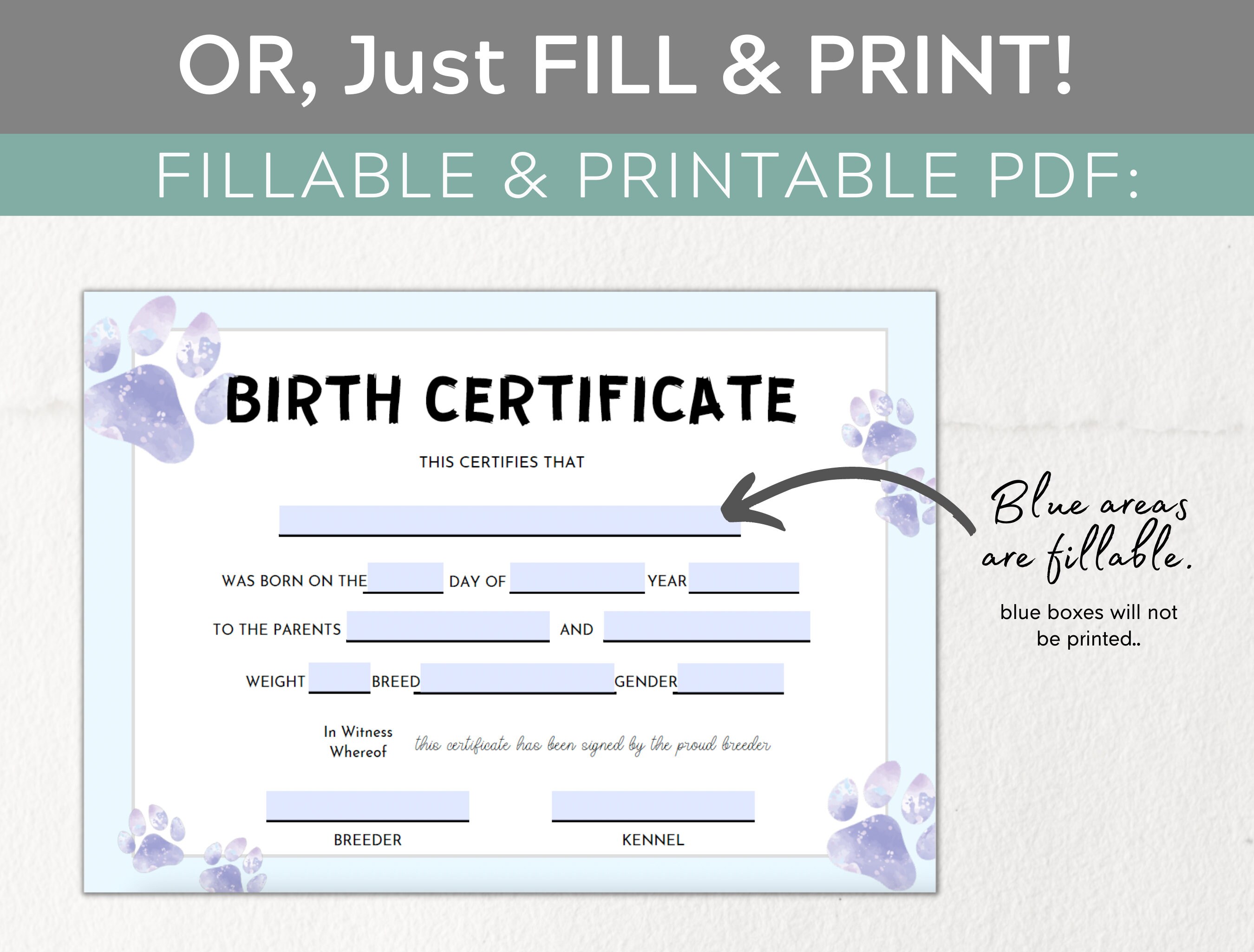 Puppy Birth Certificate Printable Dog Birth Certificate Editable, Pet ...