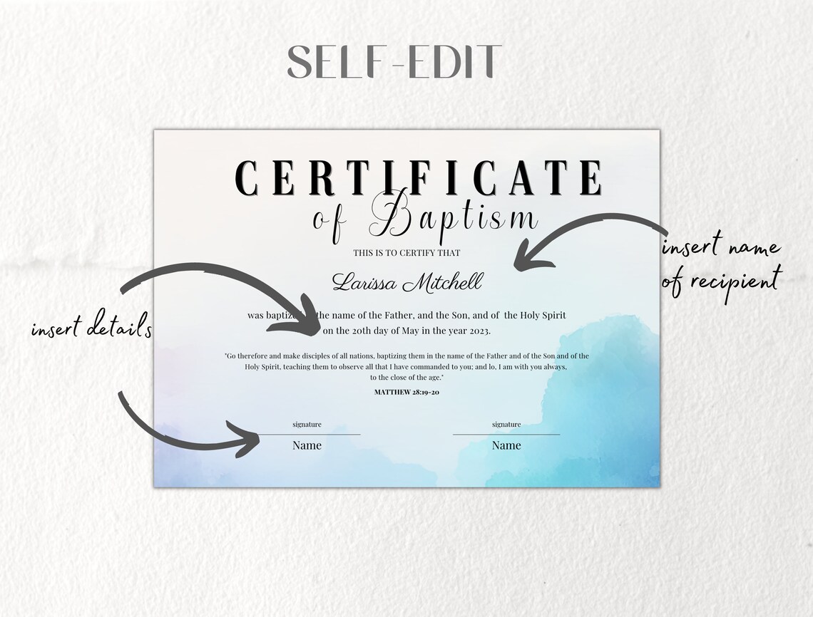 Editable Baptism Certificate Template, Certificate of Baptism Keepsake ...