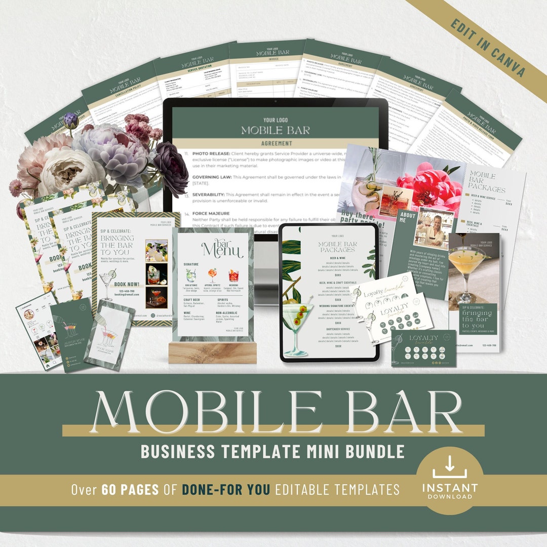 Mobile Bar Template Bundle, Editable Canva Templates, Mobile Bartending ...