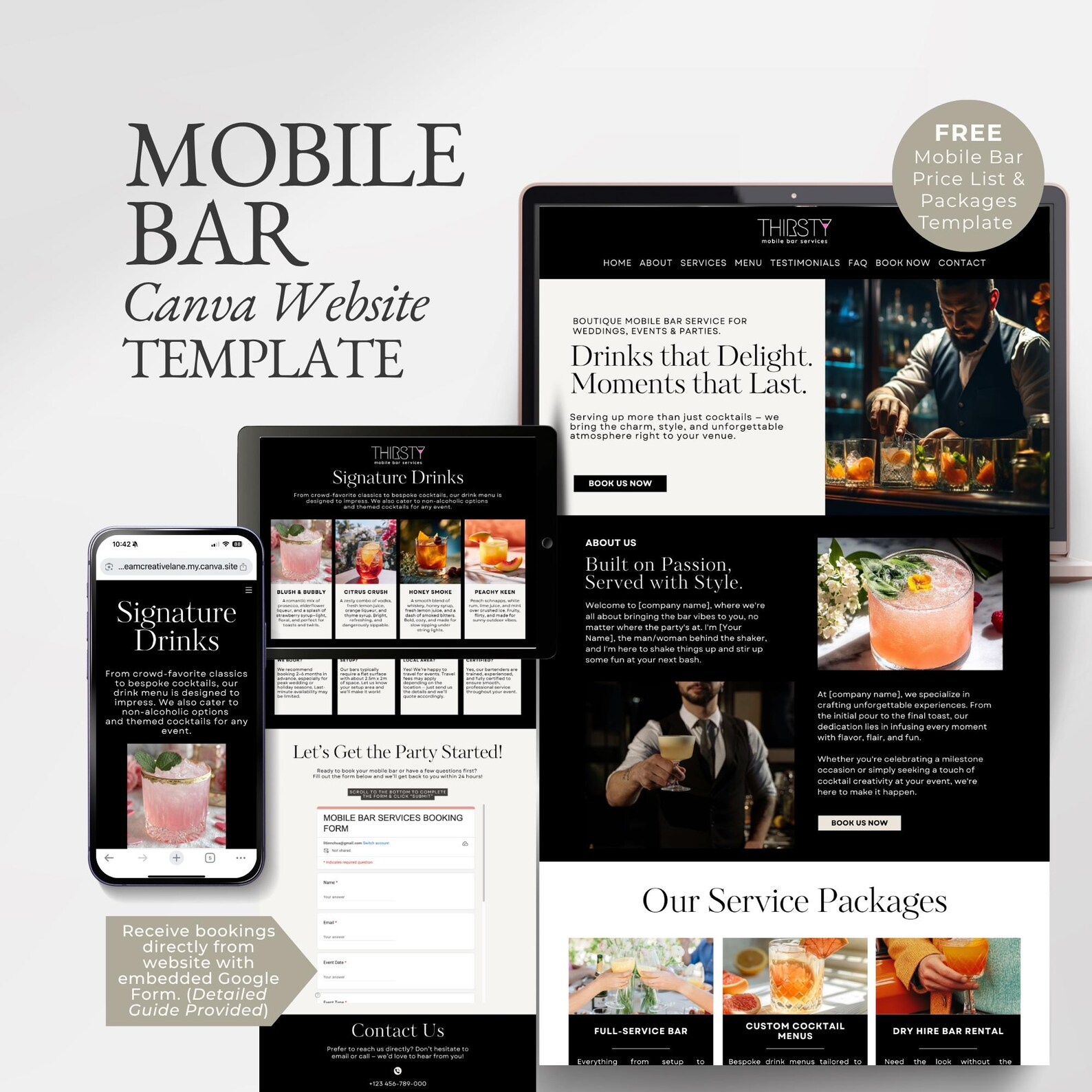 Minimalist Mobile Bar Website With Booking Form, Canva Website Landing ...