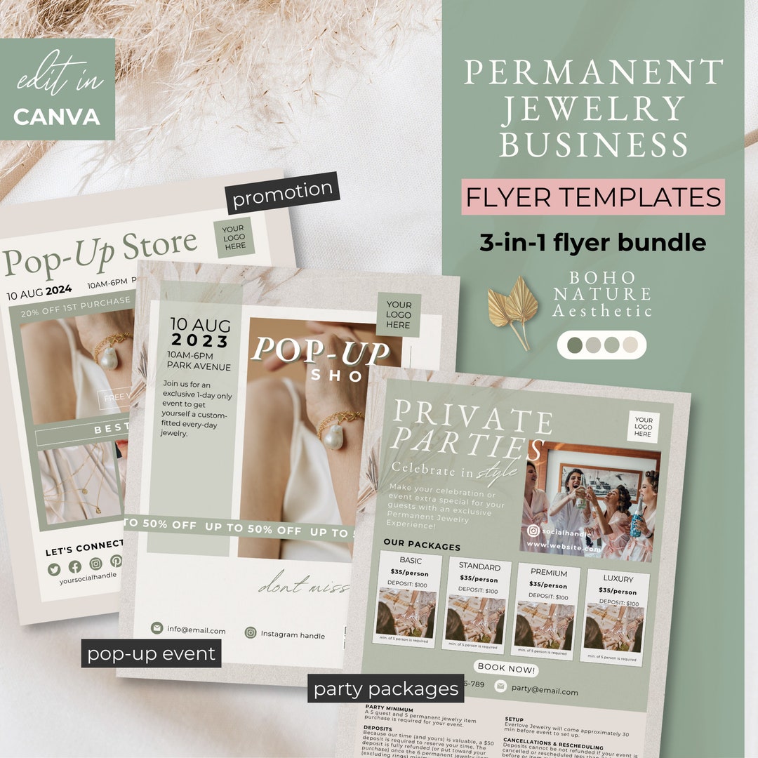 BOHO Permanent Jewelry Marketing Flyer Bundle, Permanent Jewelry Pop up ...