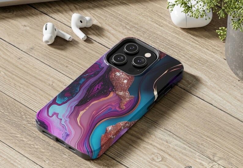 New iPhone 15 Case Purple Teal Rose Gold Marble Case by MRBL Tough ...